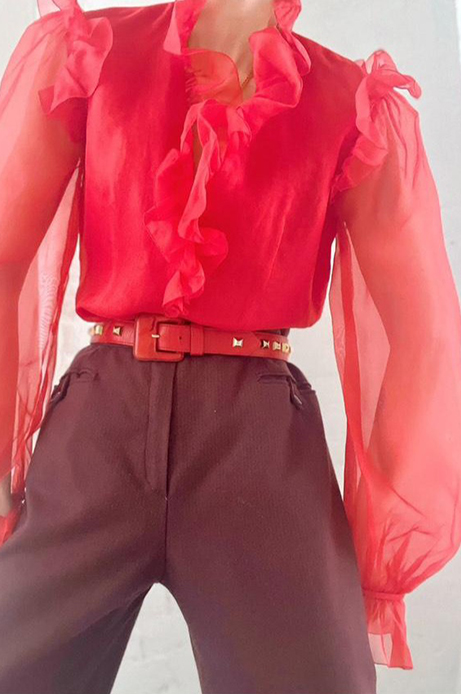 silk chiffon red ruffle blouse - THRIFTWARES VINTAGE