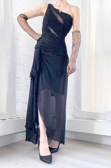 silk chiffon Vicky Tiel asymmetrical peek-a-boo dress - THRIFTWARES VINTAGE